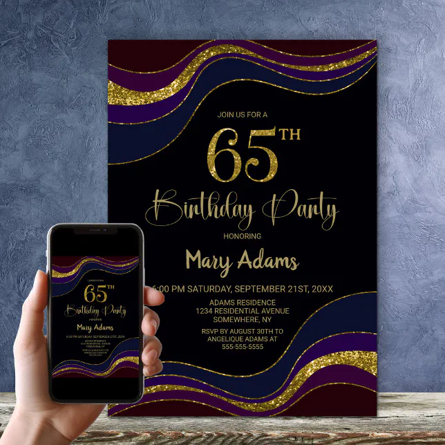 Black Blue Gold Glitter 65th Birthday Party Invitation | Zazzle