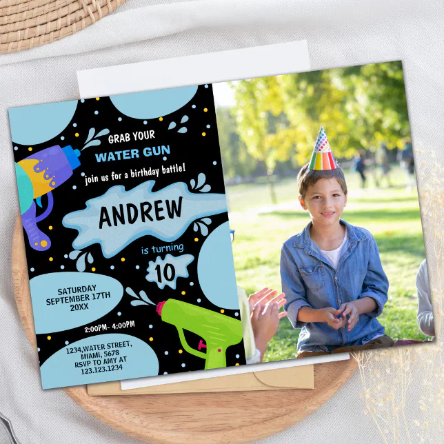 Black Blue Green Photo Water Gun Birthday Invitation | Zazzle