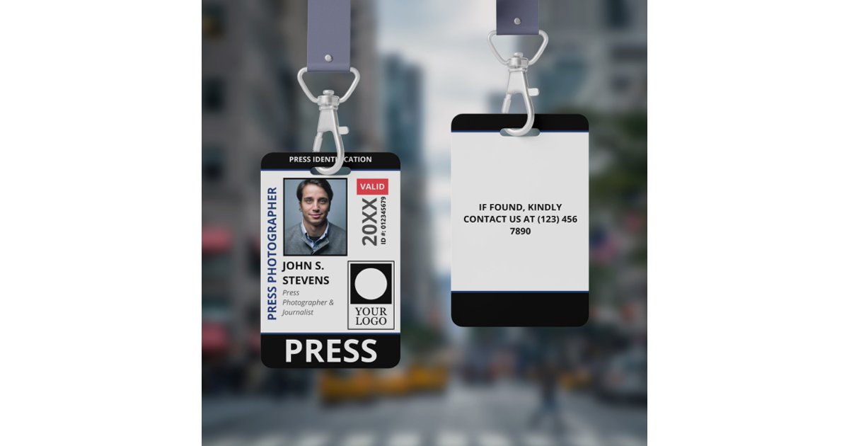 Black Blue Photo & Taller Logo Press ID Badge | Zazzle