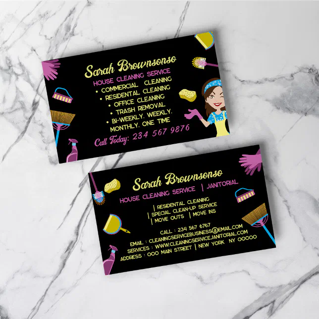 Black Blue Pink Housekeeper cleaning Janitorial Business Card | Zazzle