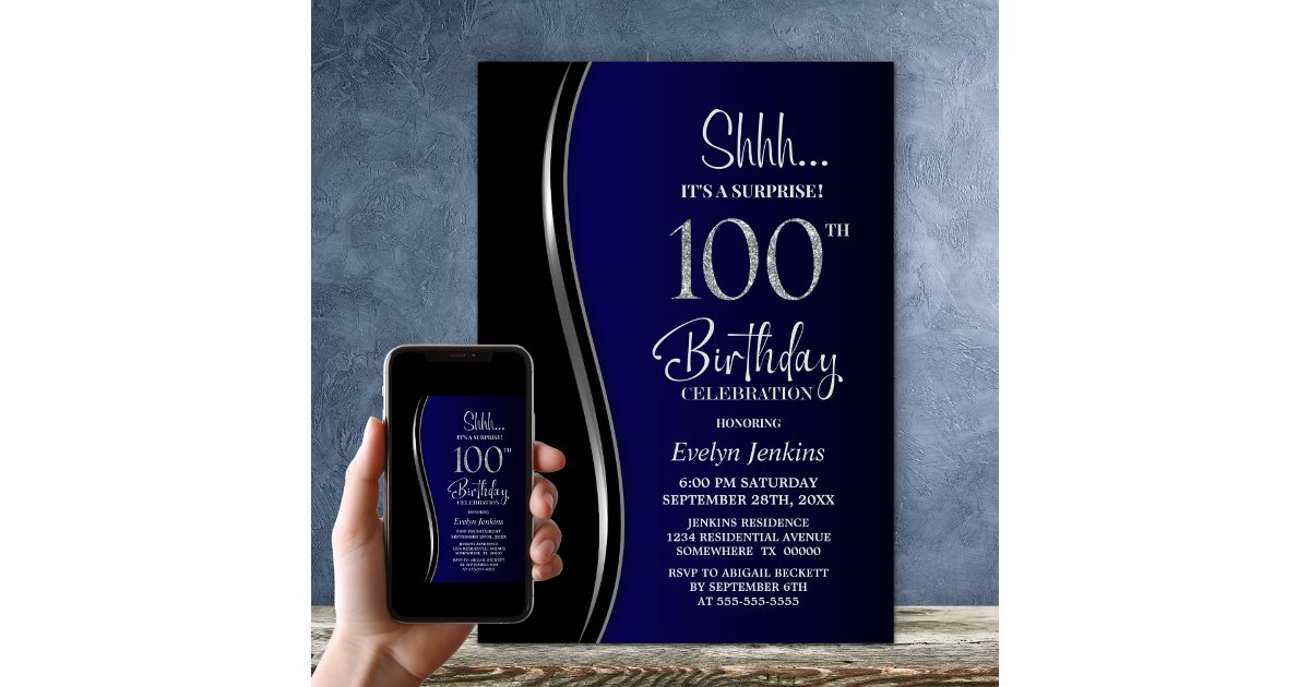 Black Blue Surprise 100th Birthday Invitation | Zazzle