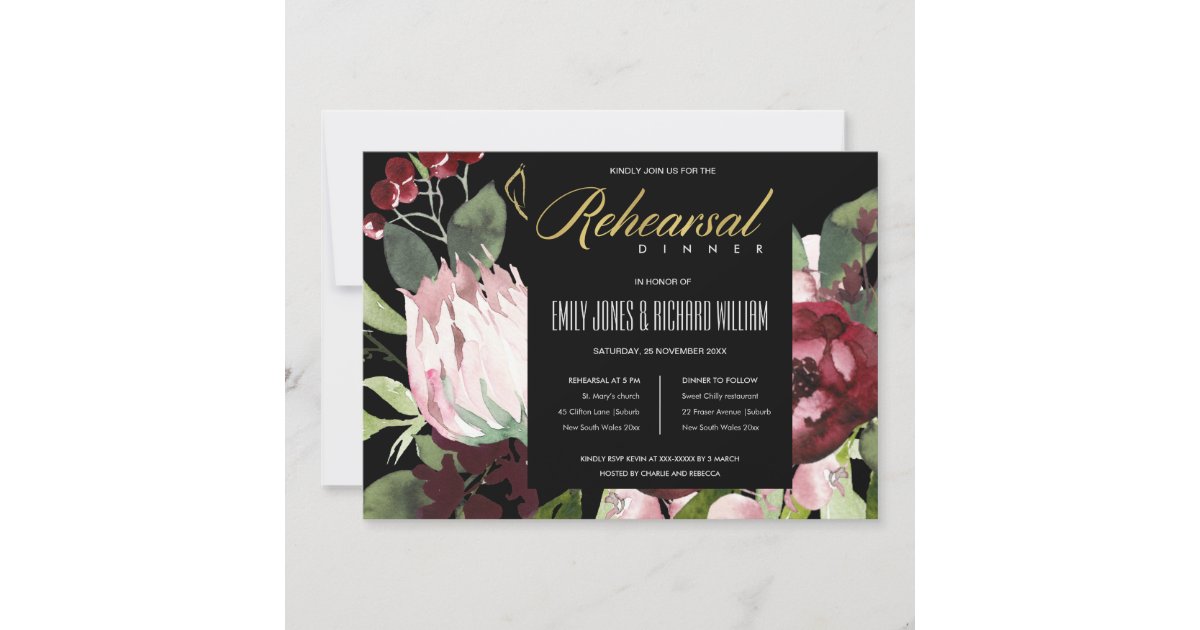 BLACK BLUSH BURGUNDY PROTEA FLORA REHEARSAL DINNER INVITATION | Zazzle.com