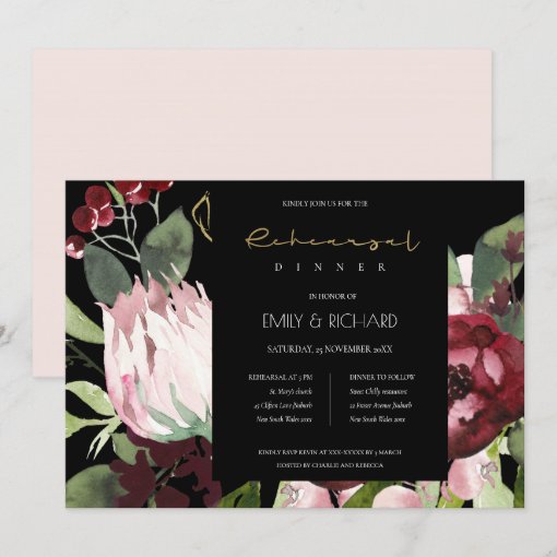 BLACK BLUSH BURGUNDY PROTEA FLORA REHEARSAL DINNER INVITATION | Zazzle