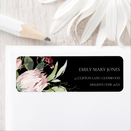 BLACK BLUSH PINK BURGUNDY PROTEA FLORAL ADDRESS LABEL | Zazzle