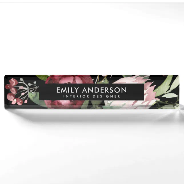 BLACK BLUSH PINK BURGUNDY PROTEA FLORAL WATERCOLOR DESK NAME PLATE | Zazzle