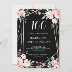 Black | Blush Pink Floral 100th Birthday Invitation | Zazzle