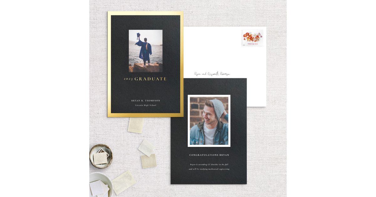 Black Bold Gold Frame Graduation Announcement Card | Zazzle