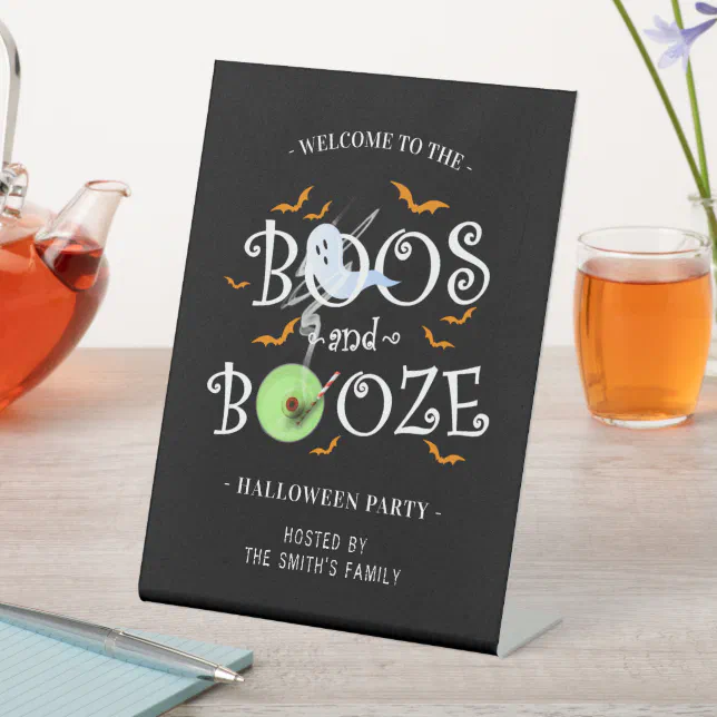 Black Boos & Booze Halloween Party Pedestal Sign | Zazzle