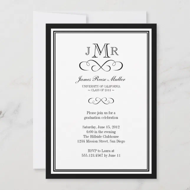 Black border frame classy monogram graduation invitation | Zazzle