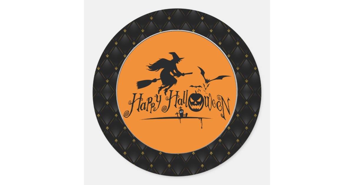 Black Border Happy Halloween Witch And Bats Classic Round Sticker | Zazzle