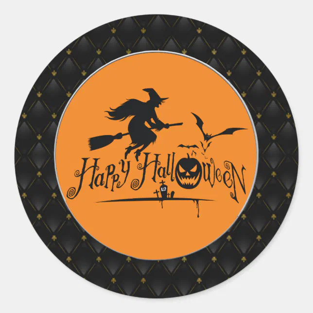 Black Border Happy Halloween Witch And Bats Classic Round Sticker | Zazzle