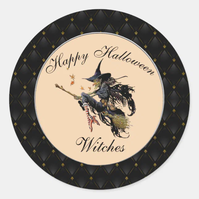 Black Border Happy Halloween Witches Classic Round Sticker | Zazzle