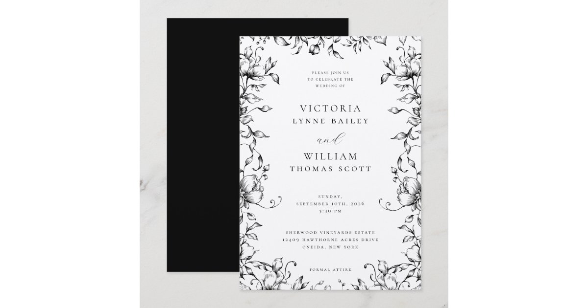 Black Botanical Garden Floral Wedding Invitation | Zazzle