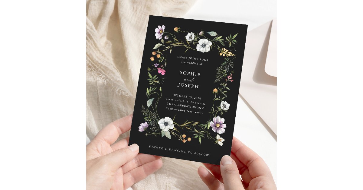 Black Botanical Wildflowers | Elegant Wedding Invitation | Zazzle