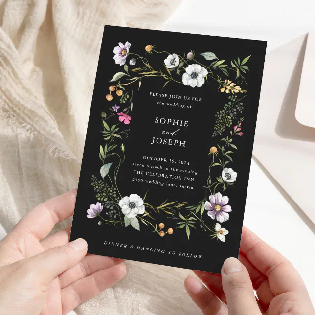 Black Botanical Wildflowers | Elegant Wedding Invitation | Zazzle