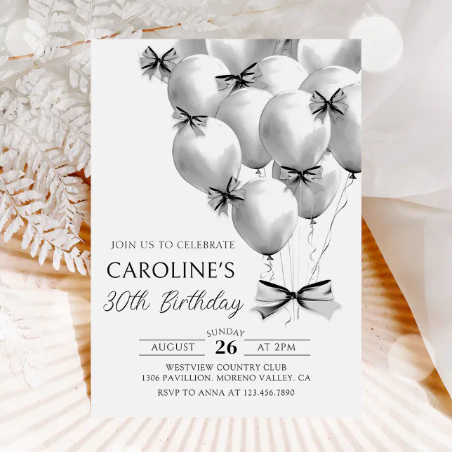 Black Bow Balloons Birthday Invitation | Zazzle