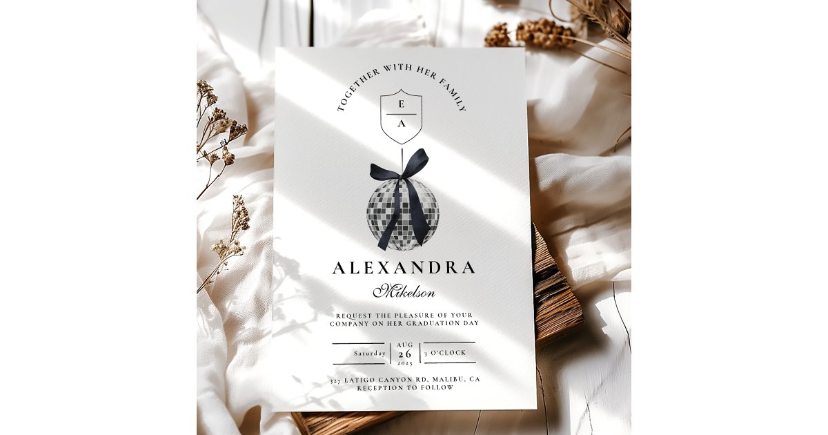Black Bow Disco Ball Graduation Party Invitation | Zazzle