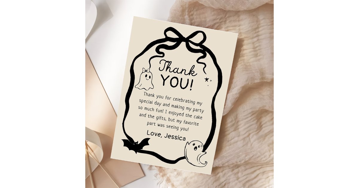 Black bow Ghost Halloween Thank you card | Zazzle