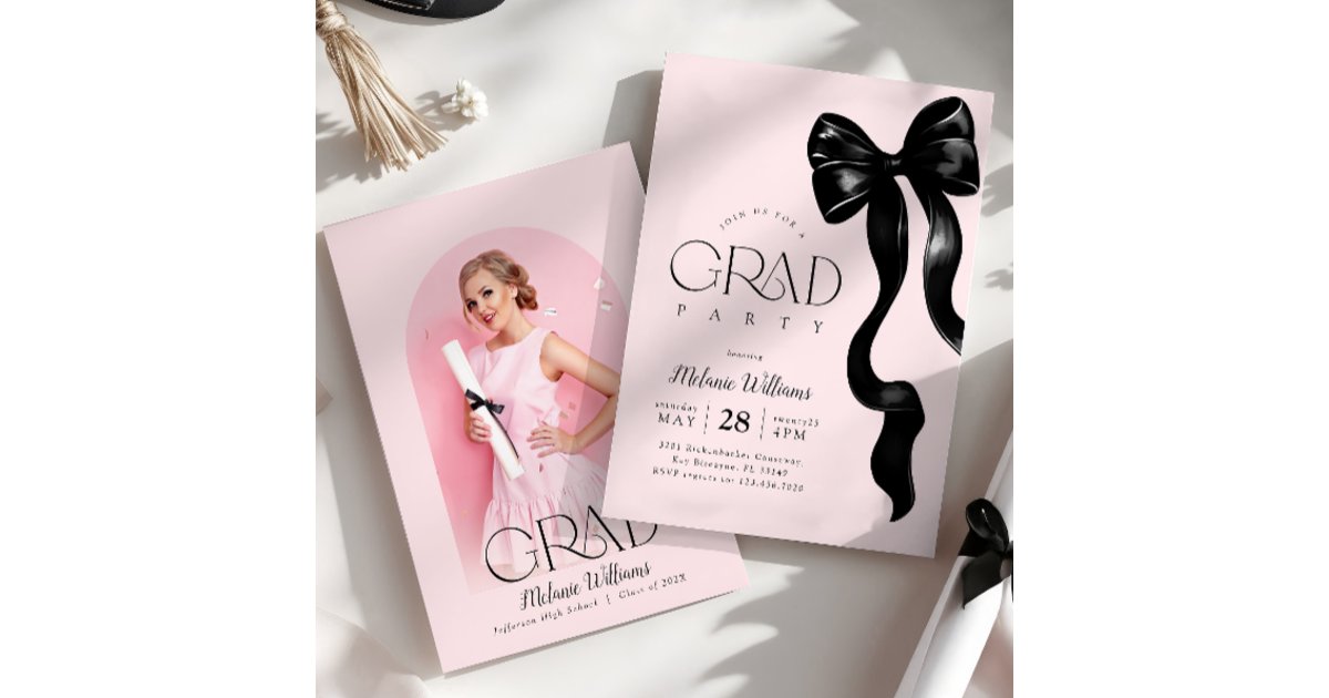 Black Bow Pink Grad Party Invitation | Zazzle