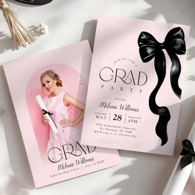 Black Bow Pink Grad Party Invitation | Zazzle