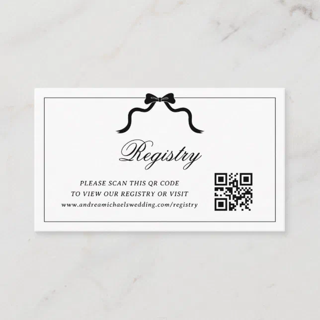 Black Bow Ribbon QR Code Wedding Gift Registry Enclosure Card | Zazzle