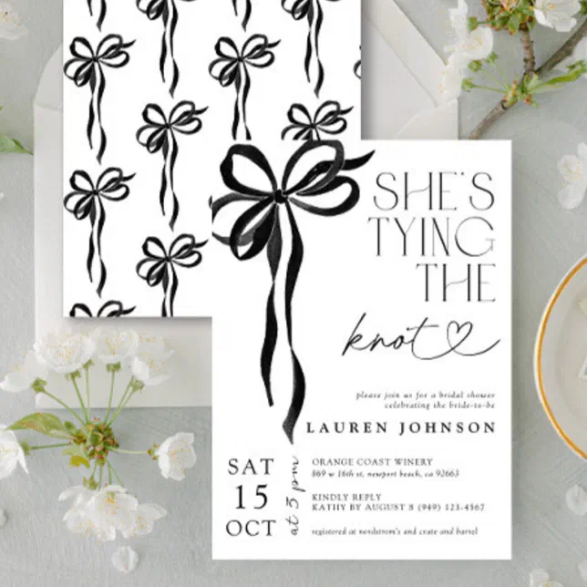 Black Bow She's Tying the Knot Bridal Shower Invitation | Zazzle
