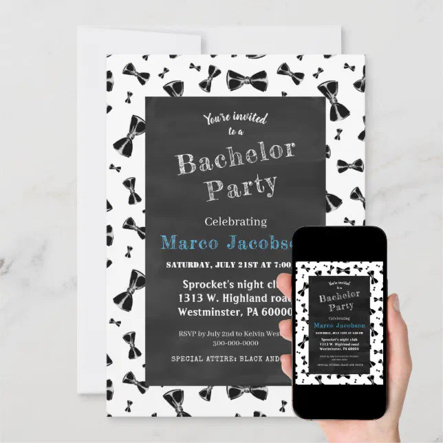 Black bowtie bachelor party invitation | Zazzle