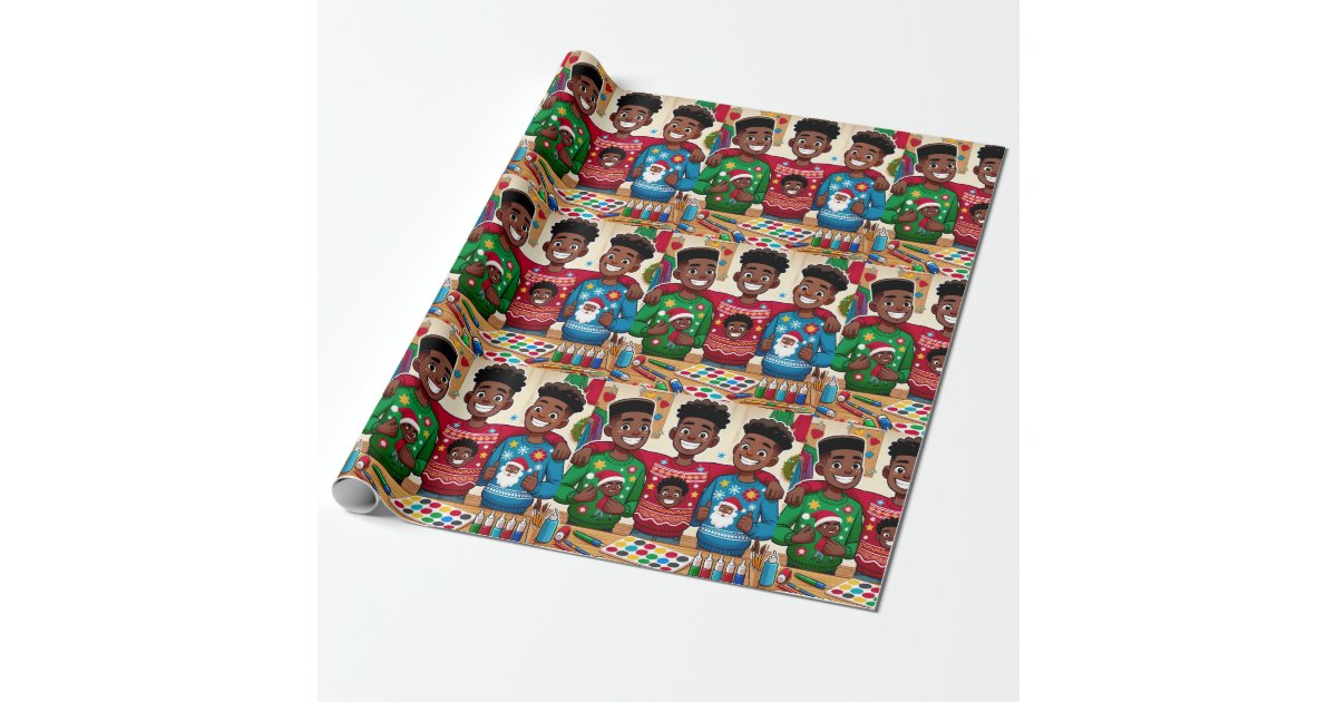 Black boys&tacky Christmas sweater wrapping paper | Zazzle