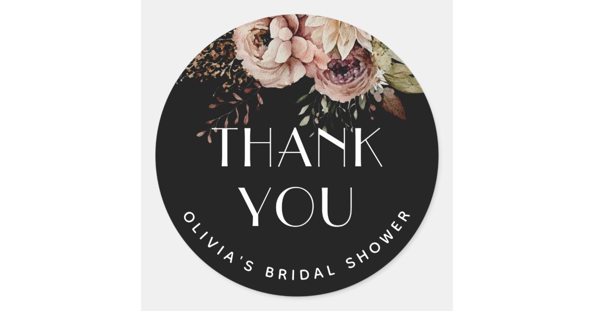 Black Bridal Shower Thank You. Elegant Fall Floral Classic Round ...
