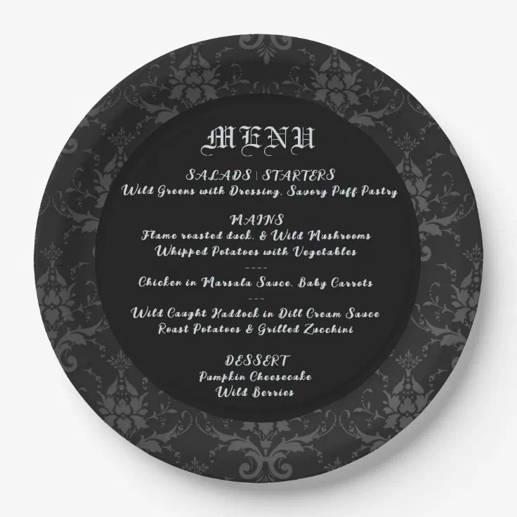 Black Brocade Gothic Theme Wedding & Dinner Menu Paper Plates | Zazzle