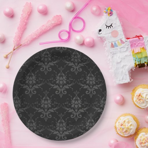 Black Brocade Pattern Gothic Paper Plate | Zazzle