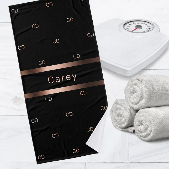 Black bronze monogram initials pattern name bath towel | Zazzle