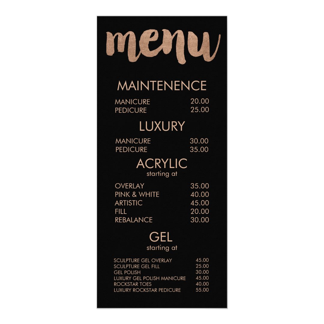 Black & Bronze Typography Salon Menu Cards | Zazzle