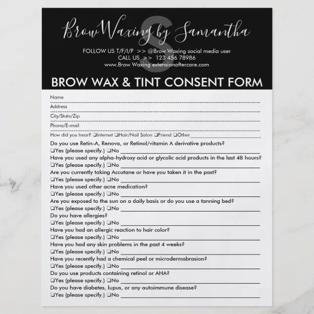 Black Brow Wax Tint Customer Consent Waiver Form Flyer | Zazzle