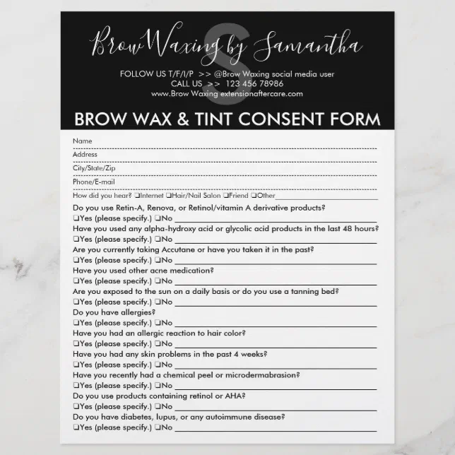Black Brow Wax Tint Customer Consent Waiver Form Flyer | Zazzle