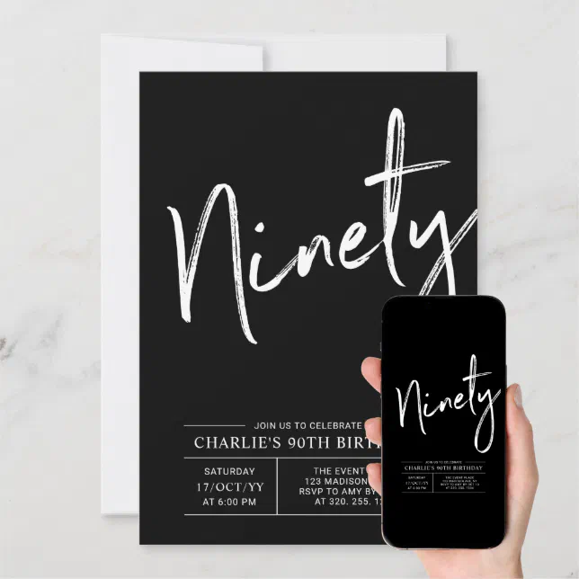 Black Brush Lettering Ninety 90th Birthday Party Invitation | Zazzle