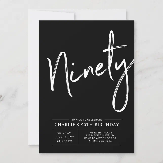 Black Brush Lettering Ninety 90th Birthday Party Invitation | Zazzle