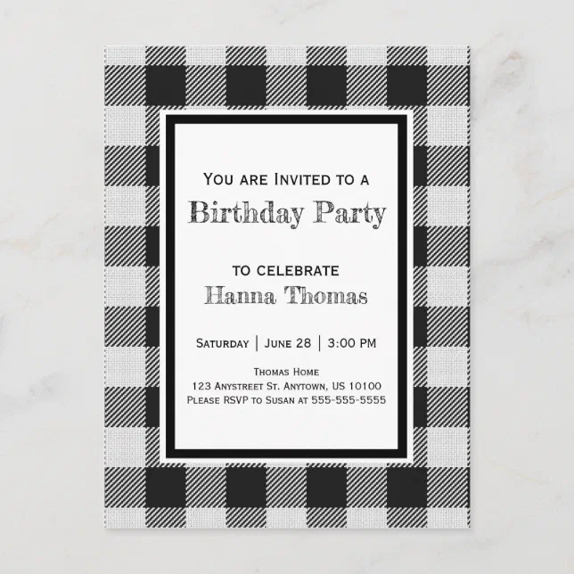 Black Buffalo Plaid Birthday Invitation Postcard | Zazzle