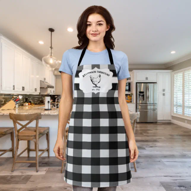Black Buffalo Plaid Farm Chicken Apron | Zazzle