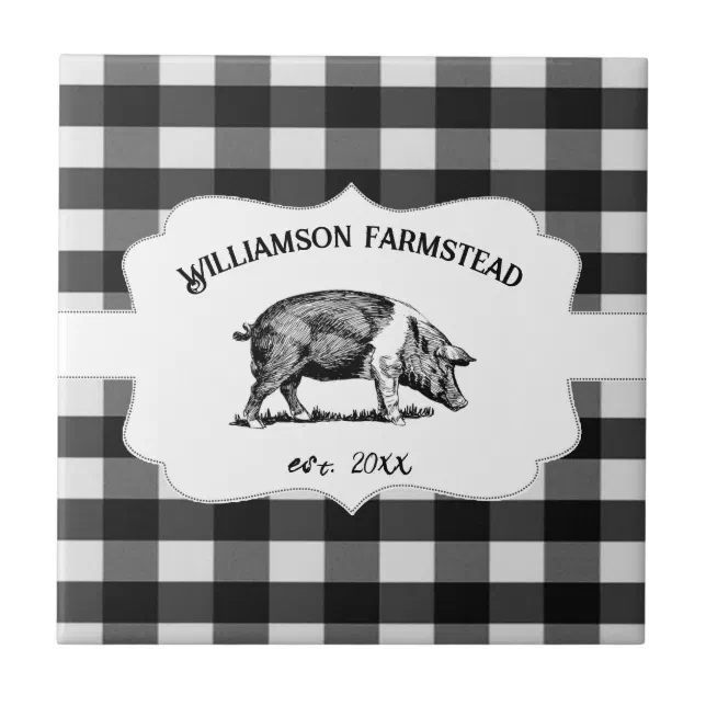 Black Buffalo Plaid Farm Pig Decorative Ceramic Tile | Zazzle