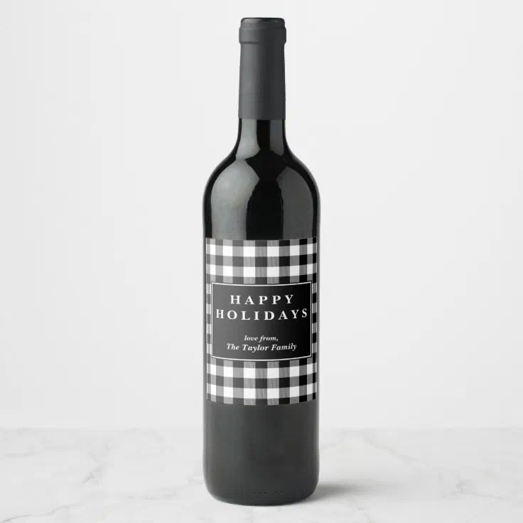 Black Buffalo Plaid Pattern Christmas Gift Wine Label | Zazzle