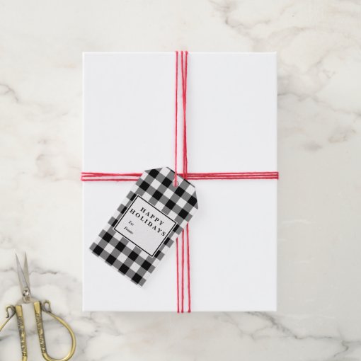 Black Buffalo Plaid Pattern Christmas Name Gift Tags | Zazzle