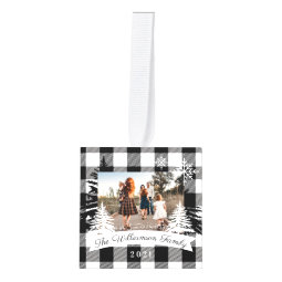 Black Buffalo Plaid Rustic PineTrees Family Photos Cube Ornament | Zazzle