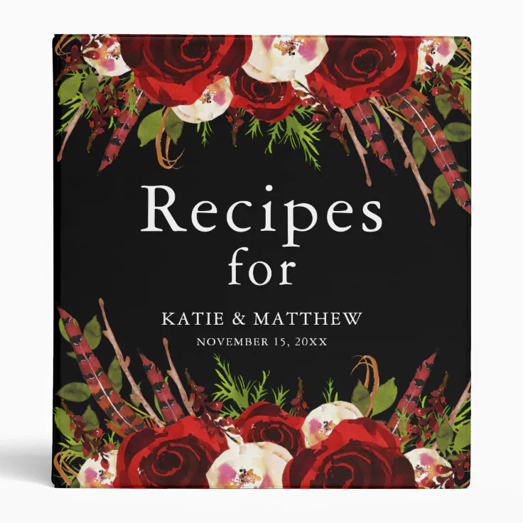 Black Burgundy Floral Boho Bridal Shower Recipe 3 Ring Binder | Zazzle