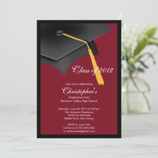 Black Burgundy Grad Cap Graduation Party Invitation | Zazzle