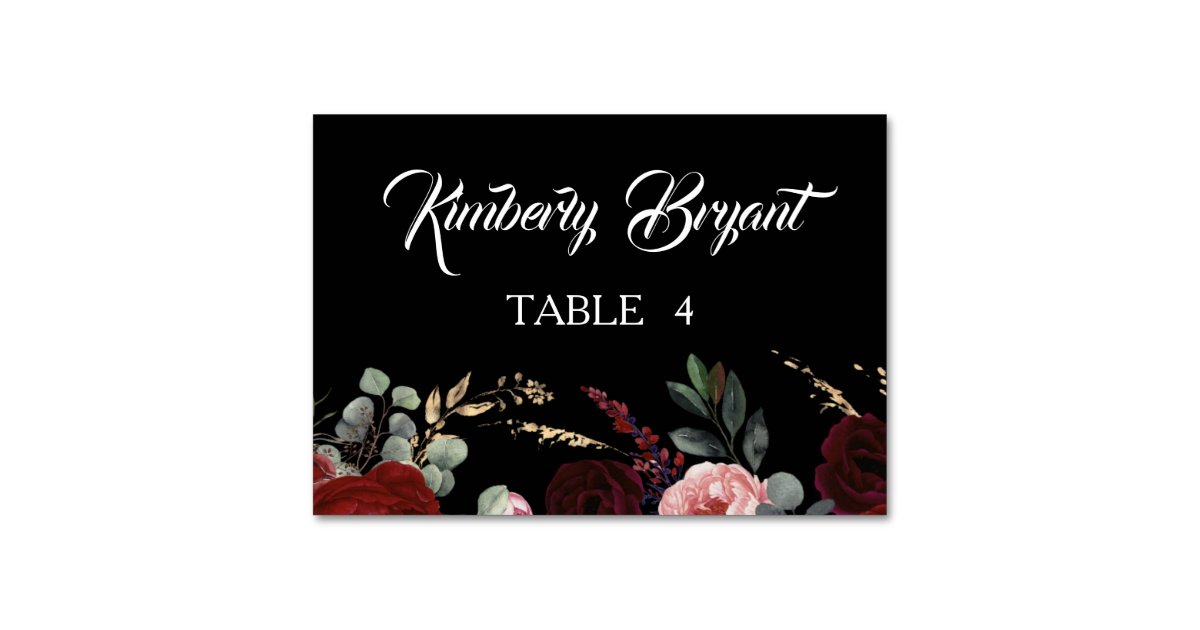 Black Burgundy Red Floral Individual Names Place Table Number | Zazzle