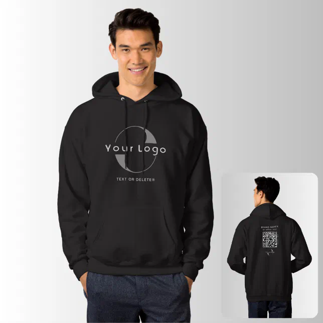 Black Business logo QR code Company brand swag Men Hoodie | Zazzle