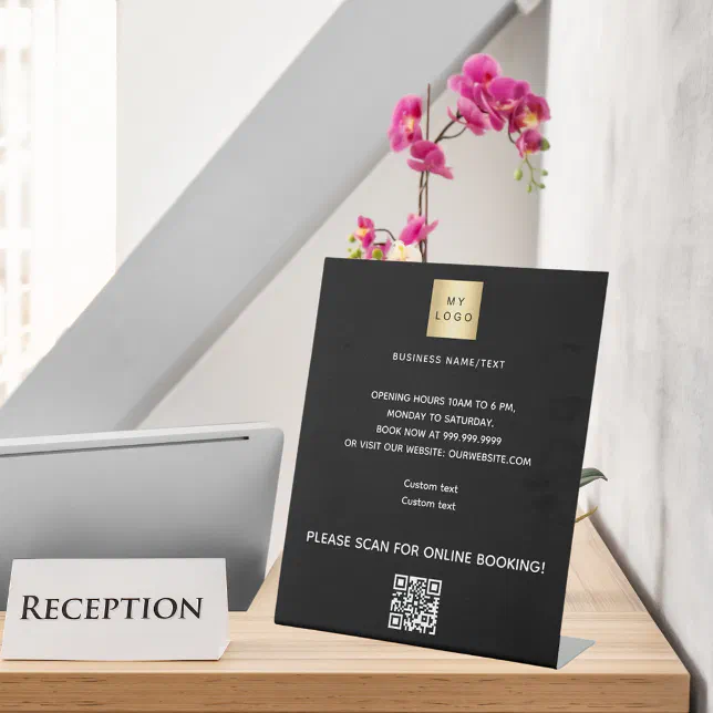 Black business logo qr code online booking pedestal sign | Zazzle