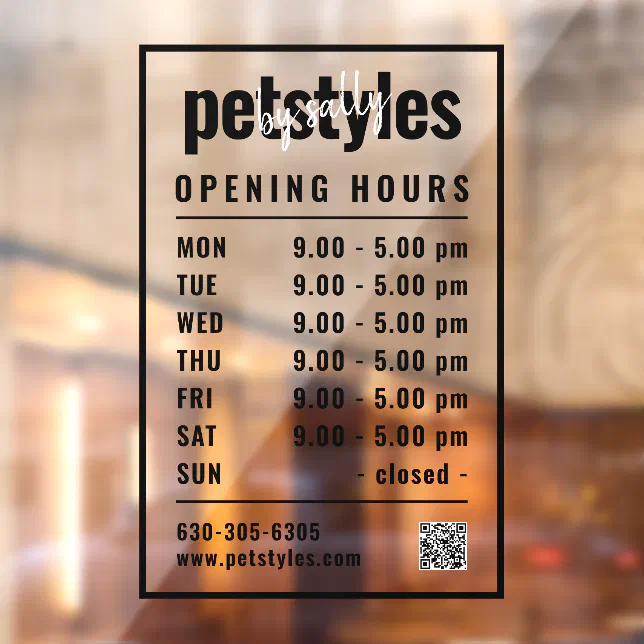 Black Business Opening Hours Logo and QR Code Window Cling | Zazzle