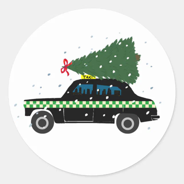 Black Cab Taxi Christmas Tree Drawing Snow Classic Round Sticker | Zazzle